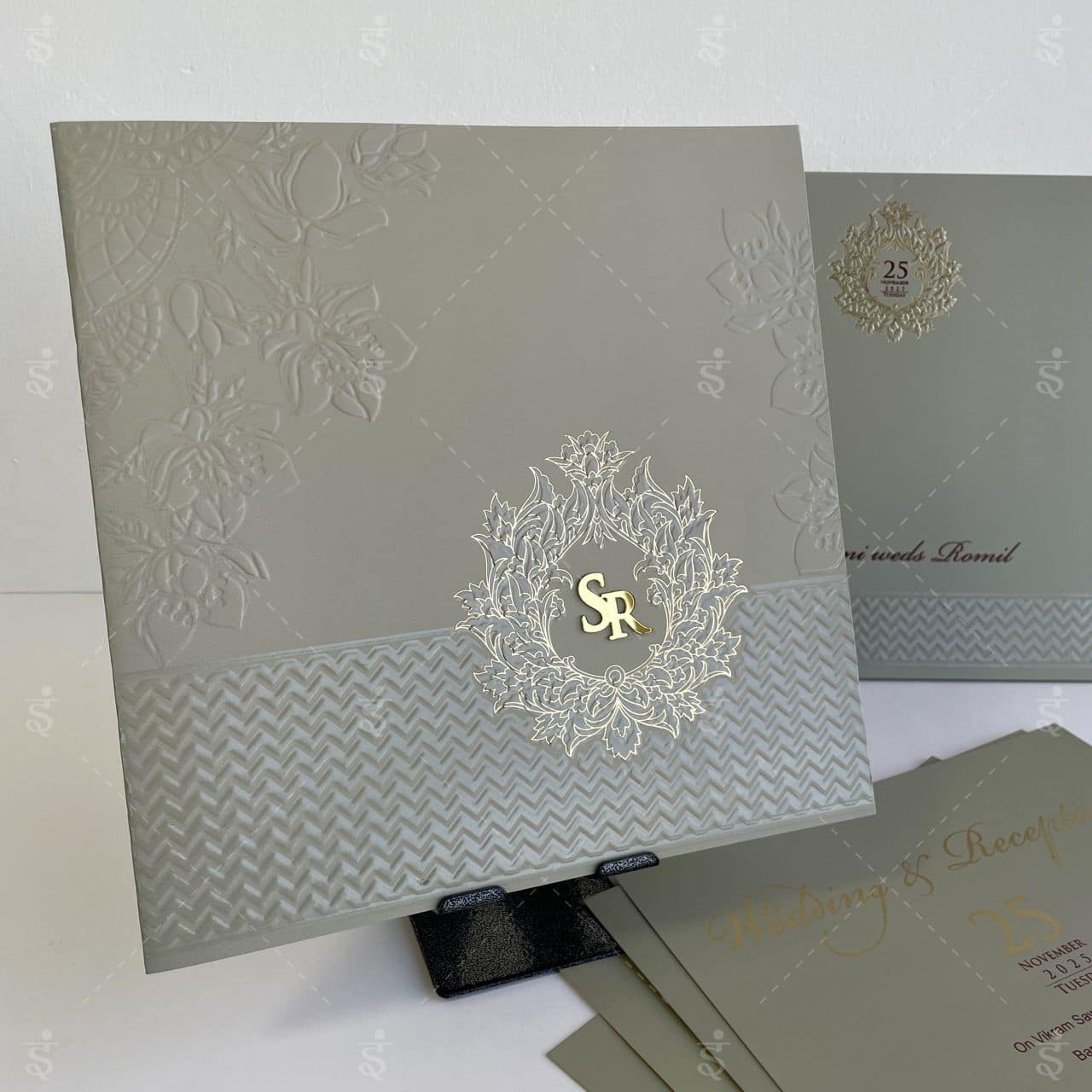 Big 10" Square Warm Grey Embossed - 903 - IndianWeddingCards